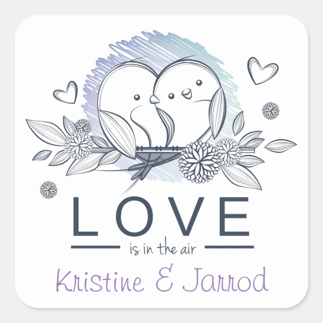 Personalized Lovebirds Purple Love Wedding Square Sticker | Zazzle