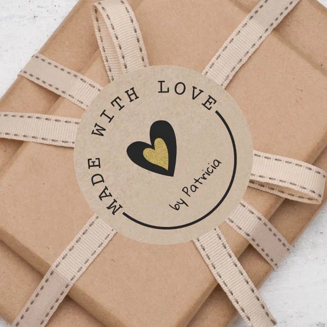 Personalized Made With Love Gold Heart Kraft Classic Round Sticker | Zazzle