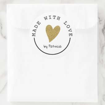 Personalized Made With Love Heart Gold Glitter Classic Round Sticker ...