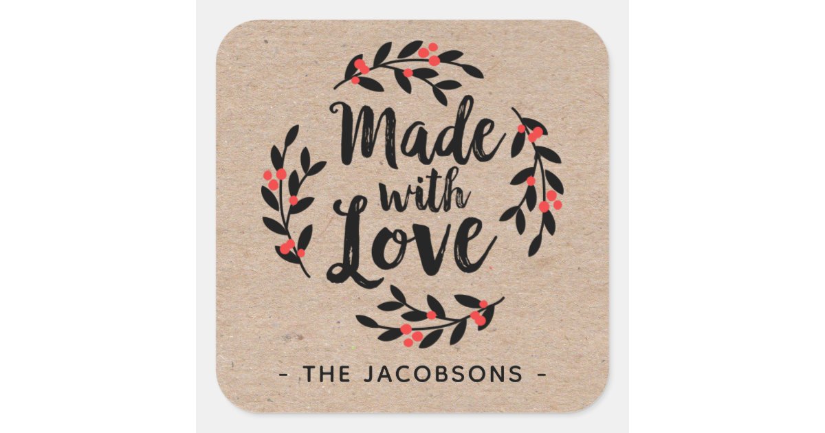Personalized Made With Love Kraft Square Sticker | Zazzle