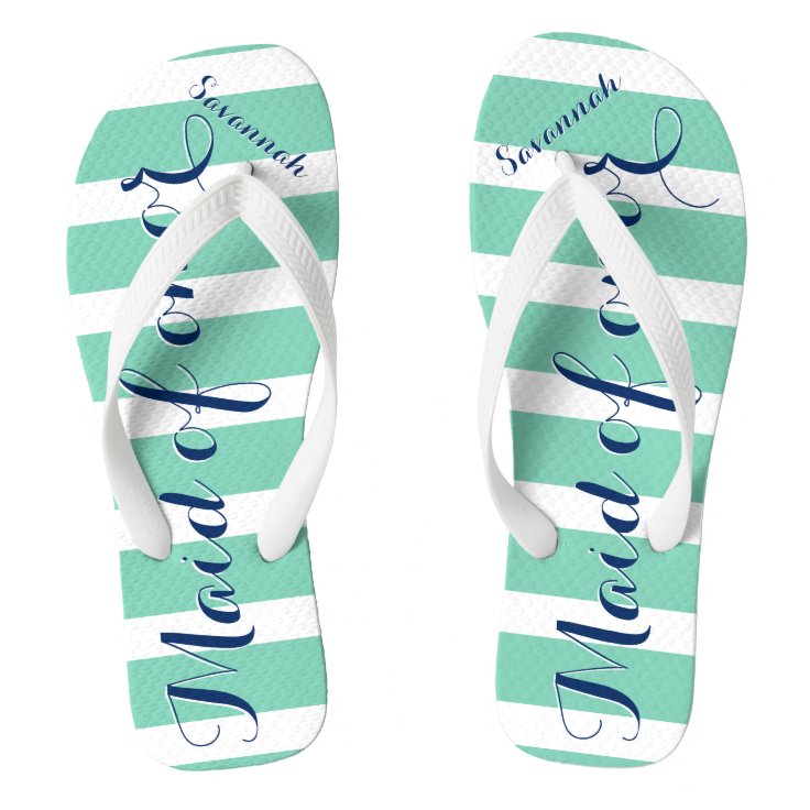 Personalized Maid of Honor Navy and Mint Flip Flops | Zazzle