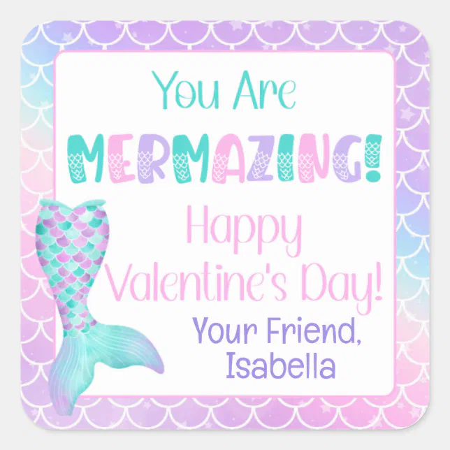 Personalized Mermaid Valentine's Day Square Sticker | Zazzle