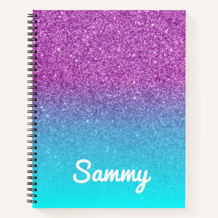 Personalized Mermaid Violet and Aqua Glitter Ombre Notebook | Zazzle