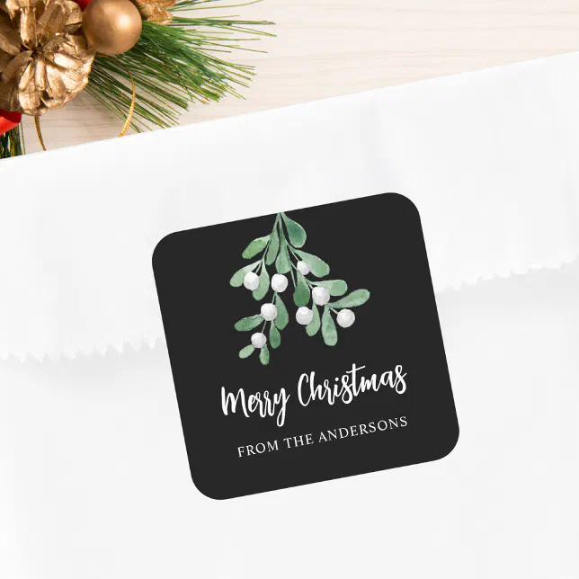 Personalized Merry Christmas Berries Leaves Black Square Sticker | Zazzle