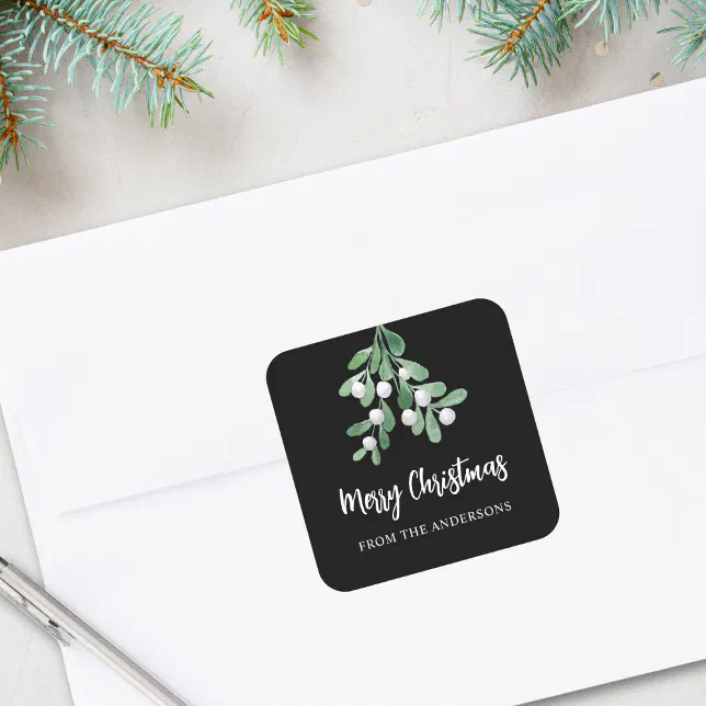 Personalized Merry Christmas Berries Leaves Black Square Sticker | Zazzle
