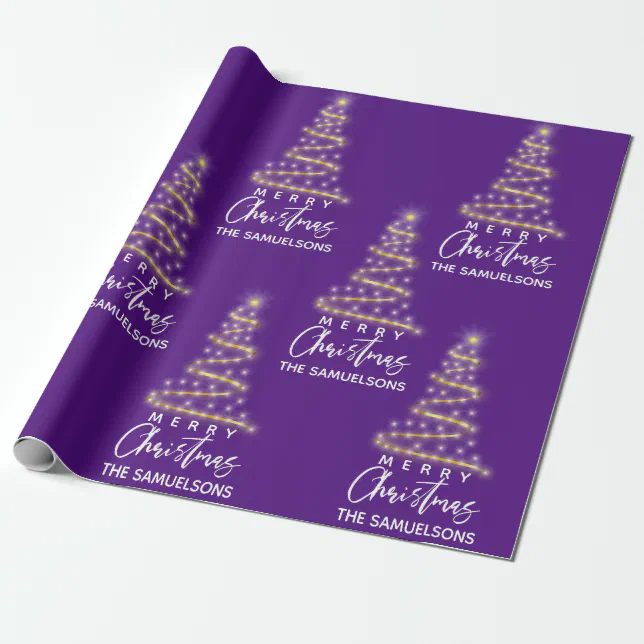 Personalized Merry Christmas Gold Tree Purple Wrapping Paper | Zazzle