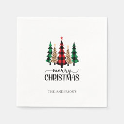 Personalized Merry Christmas Red Green Plaid Trees Napkins | Zazzle