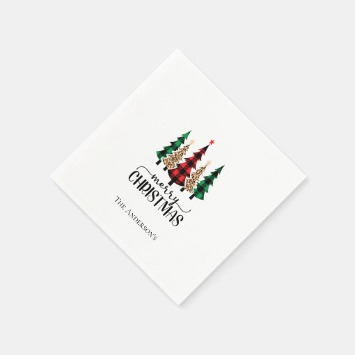 Personalized Merry Christmas Red Green Plaid Trees Napkins | Zazzle