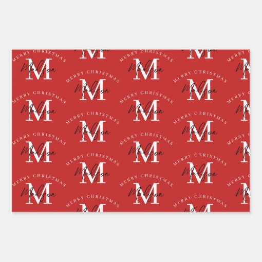 Personalized Merry Christmas Red Monogram Wrapping Paper Sheets | Zazzle