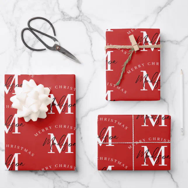 Personalized Merry Christmas Red Monogram Wrapping Paper Sheets | Zazzle