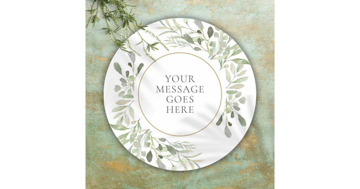 Personalized Message Watercolor Greenery Classic Round Sticker | Zazzle