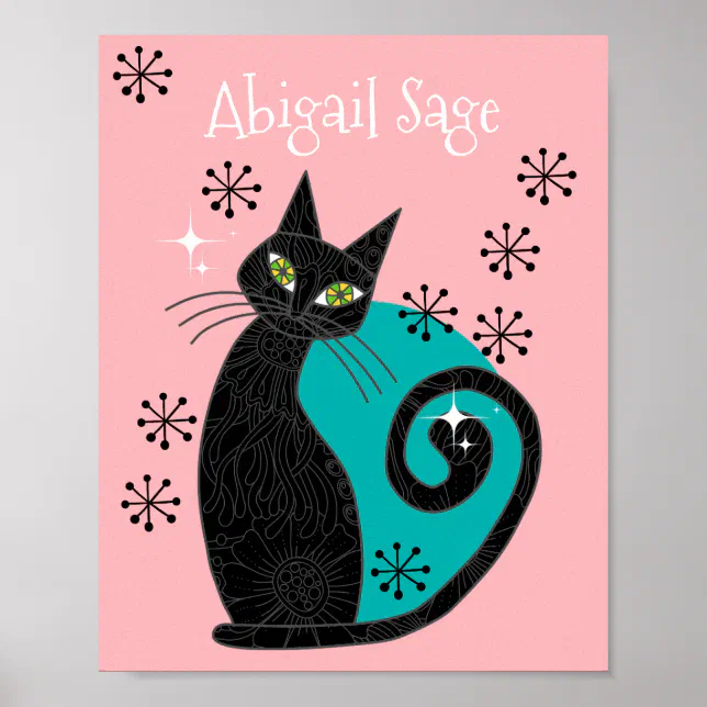 Personalized Mid Century Modern Atomic Cat Retro Poster | Zazzle
