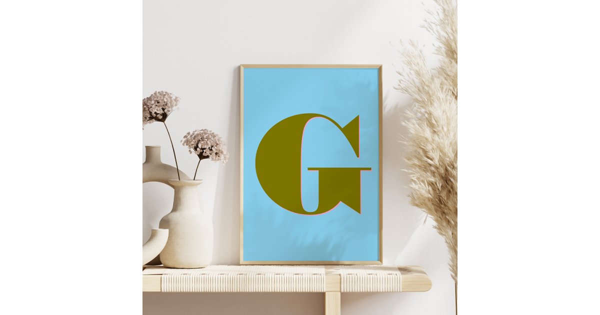 Personalized Mid Century Retro Letter Initial Blue Poster | Zazzle