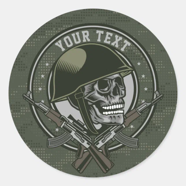 Personalized Military Camo Soldier Skull and Guns Classic Round Sticker ...