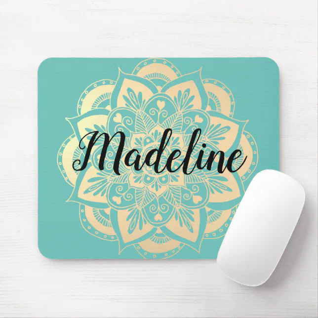 Personalized Mint Green and Gold Mandala Flower Mouse Pad | Zazzle