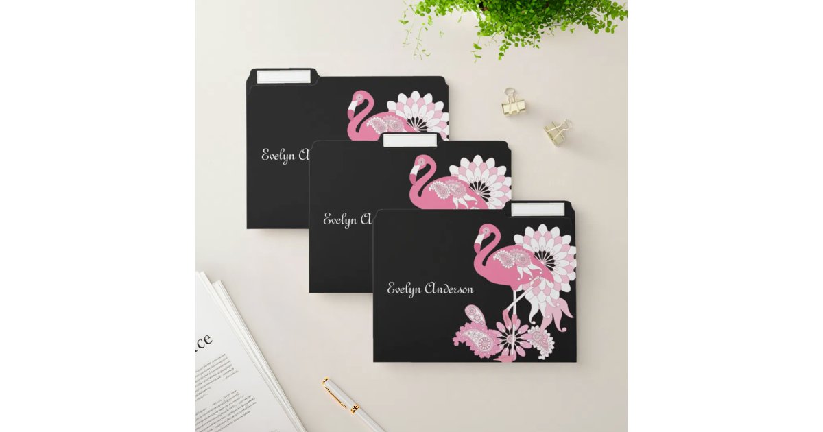 Personalized Modern Black Paisley Pink Flamingo File Folder | Zazzle