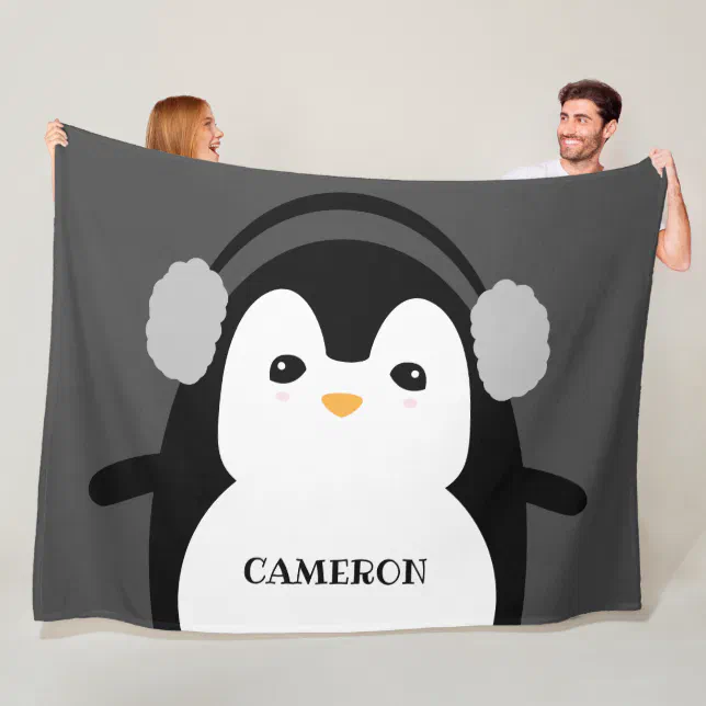 Personalized Modern Cute Black White Penguin Fleece Blanket | Zazzle
