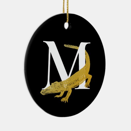 Personalized Monogram Alligator Art Black & Gold Ceramic Ornament | Zazzle
