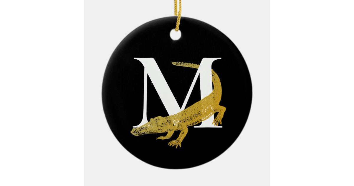 Personalized Monogram Alligator Art Black & Gold Ceramic Ornament | Zazzle