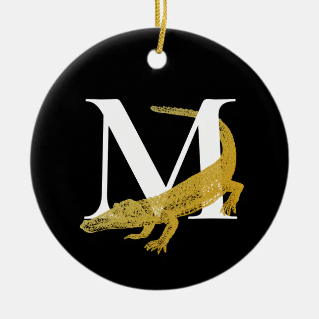 Personalized Monogram Alligator Art Black & Gold Ceramic Ornament | Zazzle