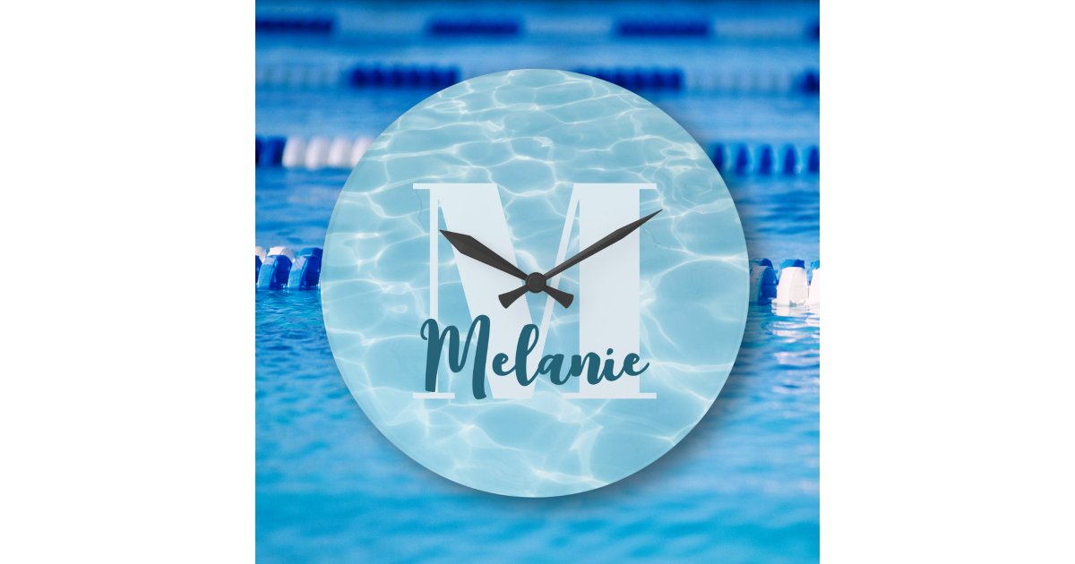 Personalized Monogram Blue Swimming Pool Modern Large Clock | Zazzle