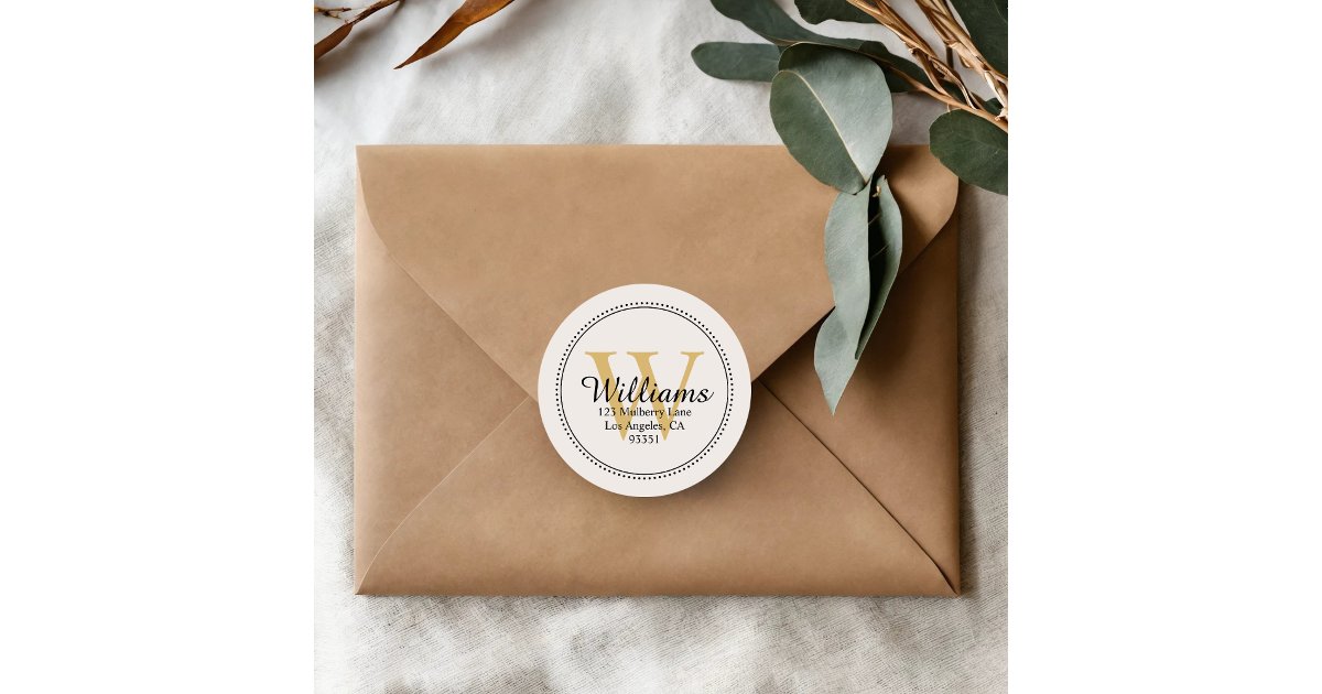 Personalized Monogram Gold Return Address Classic Round Sticker | Zazzle