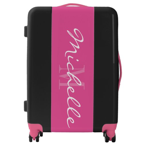 Personalized monogram pink black luggage suitcase | Zazzle