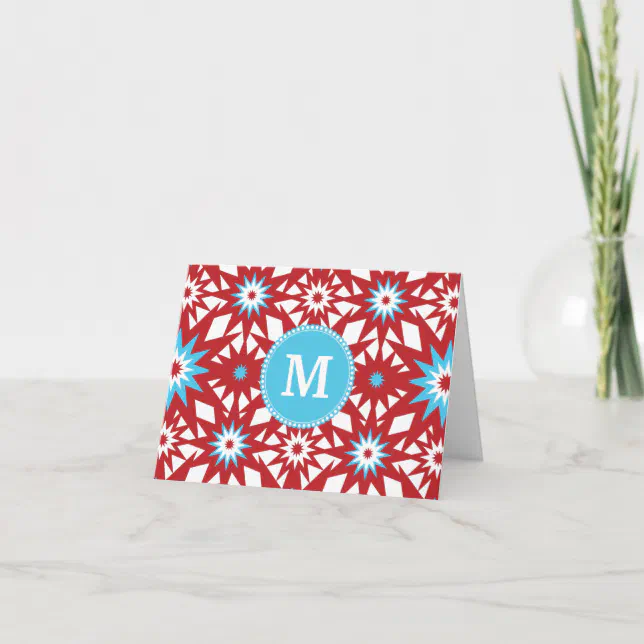 Personalized Monogram Red Teal Blue Star Pattern Note Card | Zazzle