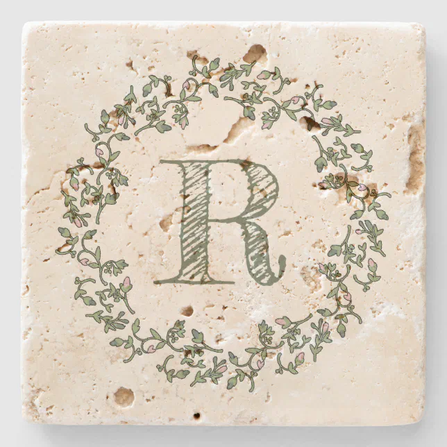 Personalized Monogram Sage Green Floral Stone Coaster | Zazzle