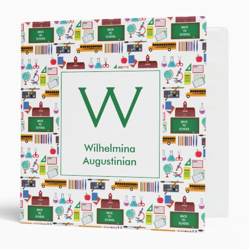 Personalized Monogram SCHOOL SUBJECTS White Green 3 Ring Binder | Zazzle