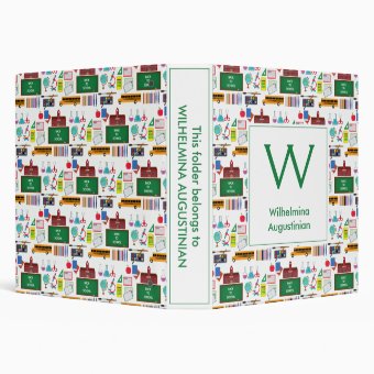 Personalized Monogram SCHOOL SUBJECTS White Green 3 Ring Binder | Zazzle