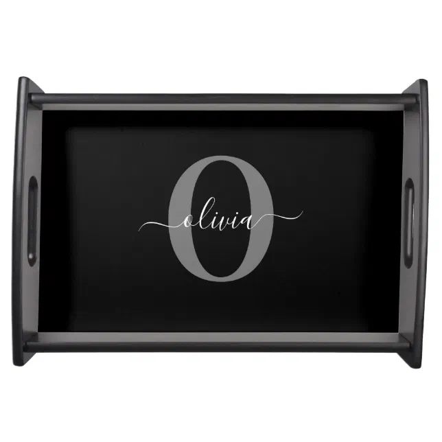 Personalized Monogram Script Name Black White Grey Serving Tray | Zazzle