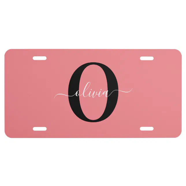 Personalized Monogram Script Name Black White Pink License Plate | Zazzle