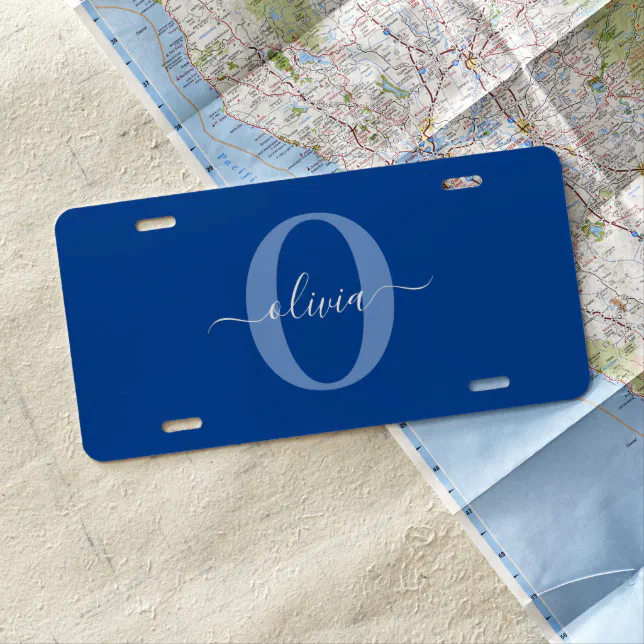 Personalized Monogram Script Name Blue White License Plate | Zazzle