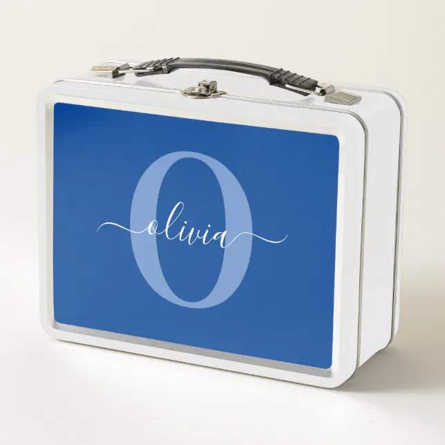 Personalized Monogram Script Name Blue White Metal Lunch Box | Zazzle