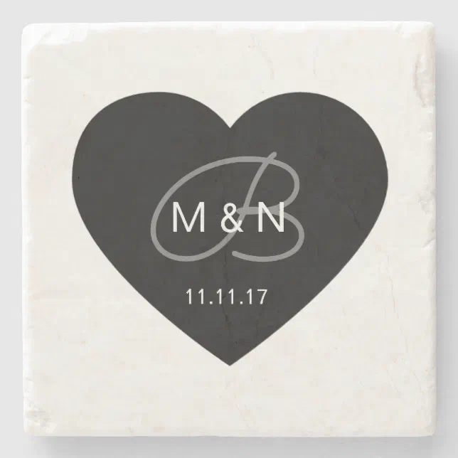 Personalized Monogrammed Black Heart Wedding Favor Stone Coaster | Zazzle