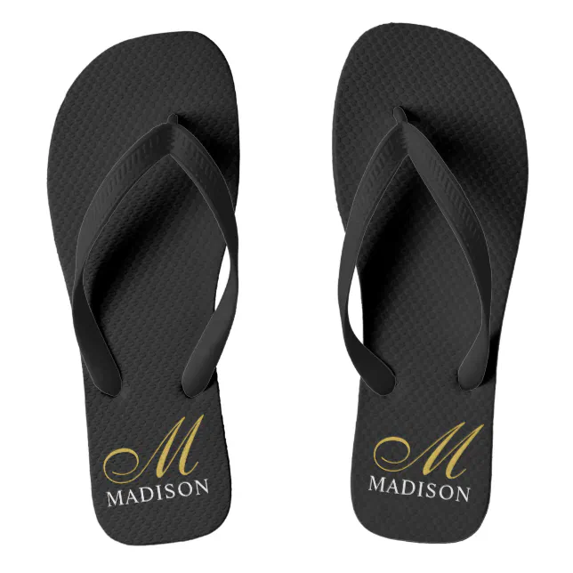 Personalized Monogrammed Gold Black Flip Flops | Zazzle