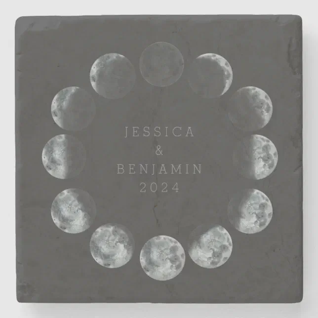 Personalized Moon Phase Black Cosmic Wedding Date Stone Coaster | Zazzle