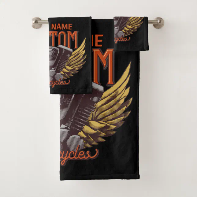Personalized Motorcycle Eagle Wings Biker Garage Bath Towel Set | Zazzle