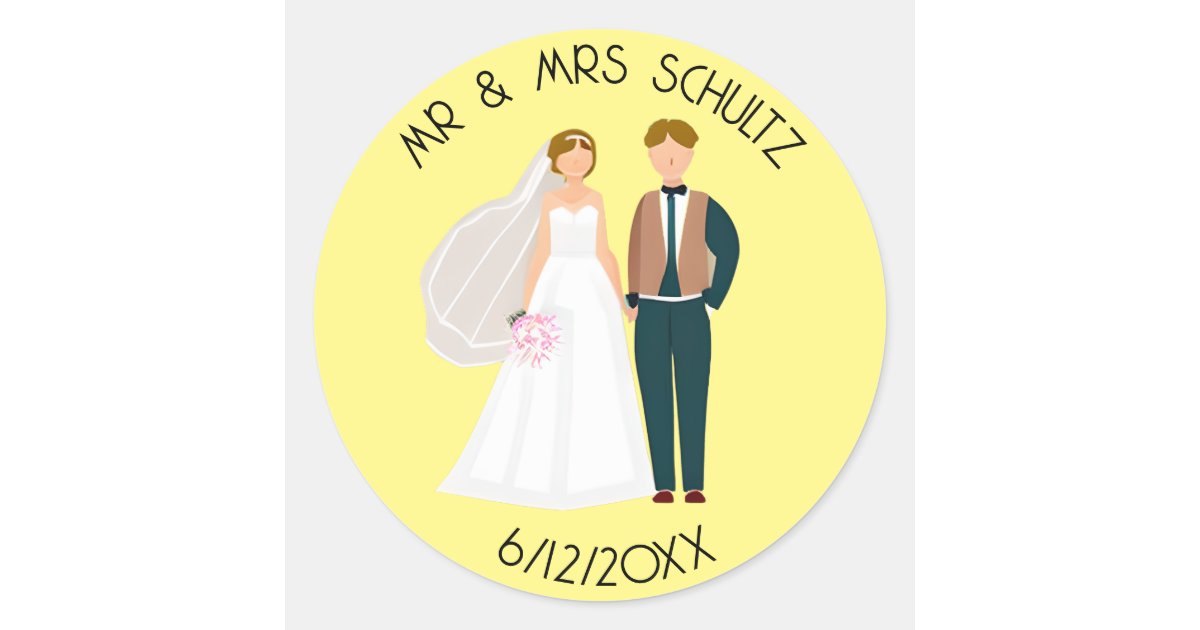 Personalized Mr and Mrs Bride and Groom Teal Classic Round Sticker | Zazzle