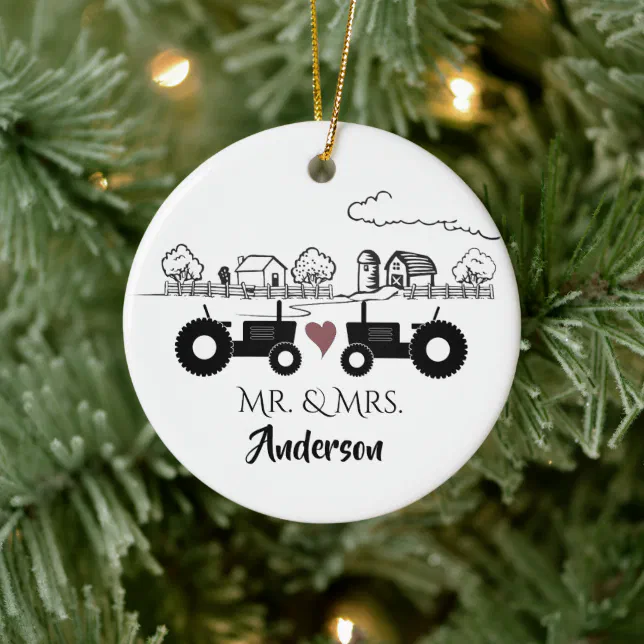 Personalized Mr & Mrs Tractor Farm 1st Christmas Ceramic Ornament | Zazzle