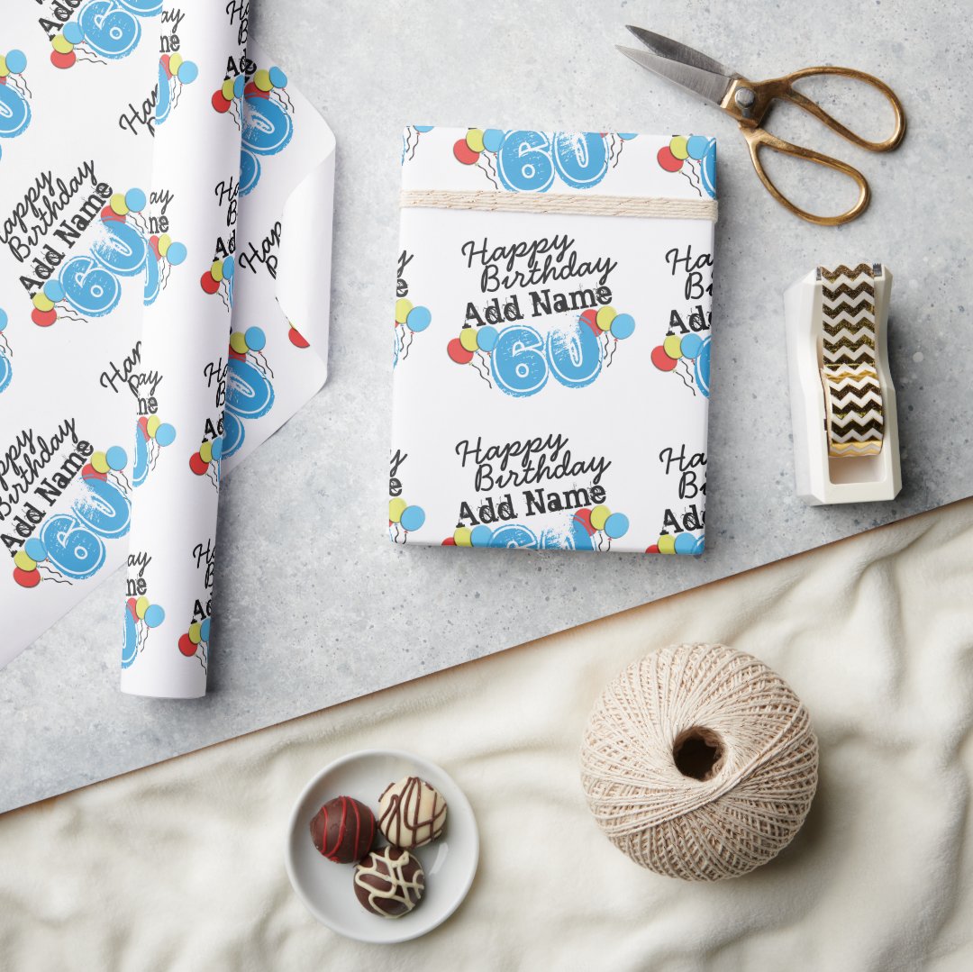 Personalized Name 60 yr Bday Blue - 60th Birthday Wrapping Paper | Zazzle