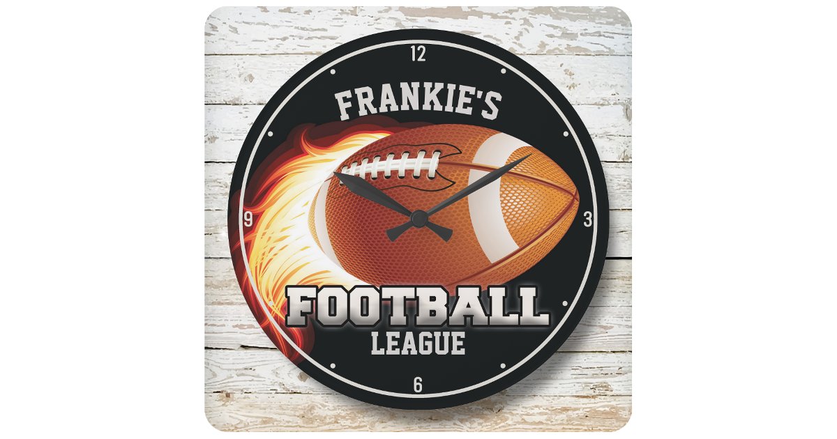 Personalized NAME American Football Flames Sports Round Clock | Zazzle