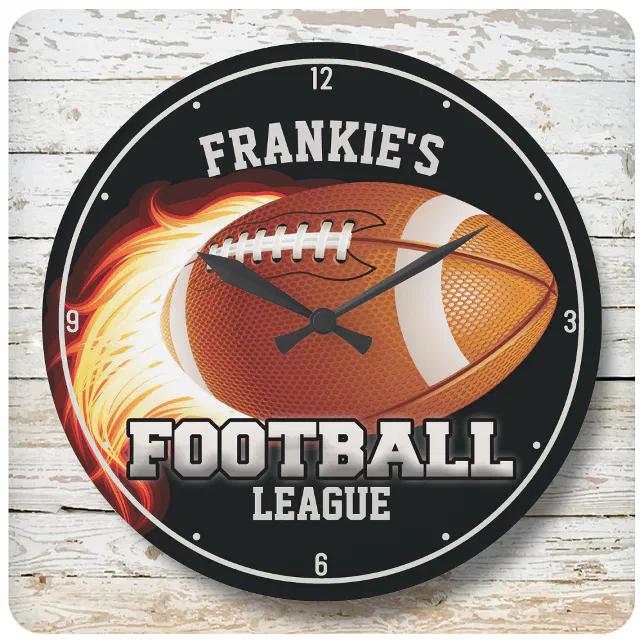 Personalized NAME American Football Flames Sports Round Clock | Zazzle