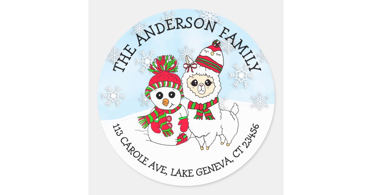 Personalized Name and Address Llama and Snowman Classic Round Sticker ...