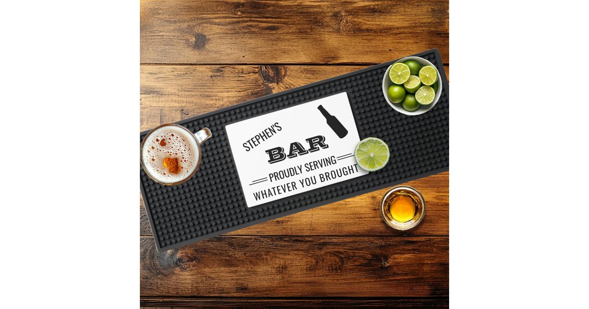 Personalized Name Bar Proudly Serving Bar Mat | Zazzle