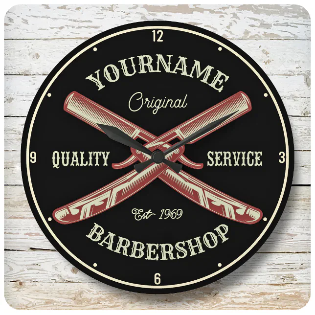 Personalized NAME Barber Straight Razor Barbershop Large Clock | Zazzle