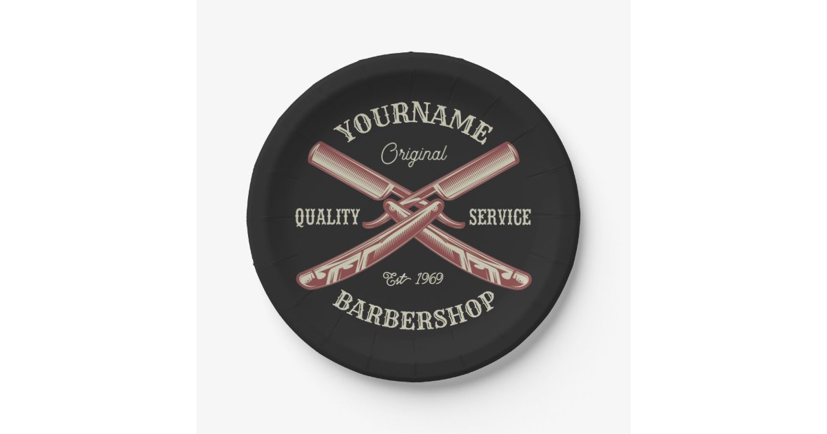 Personalized NAME Barber Straight Razor Barbershop Paper Plates | Zazzle