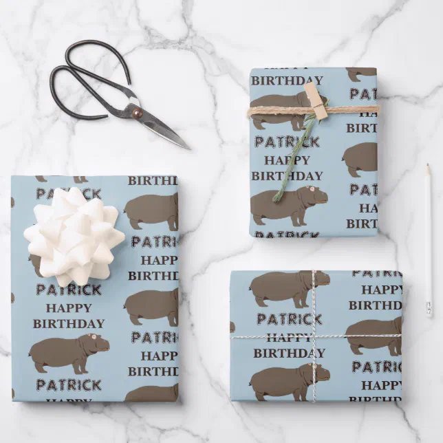 Personalized Name Birthday Hippopotamus Hippo Wrapping Paper Sheets ...