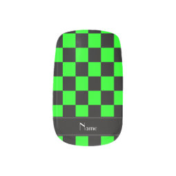 Personalized name black and neon green checkers minx nail wraps | Zazzle